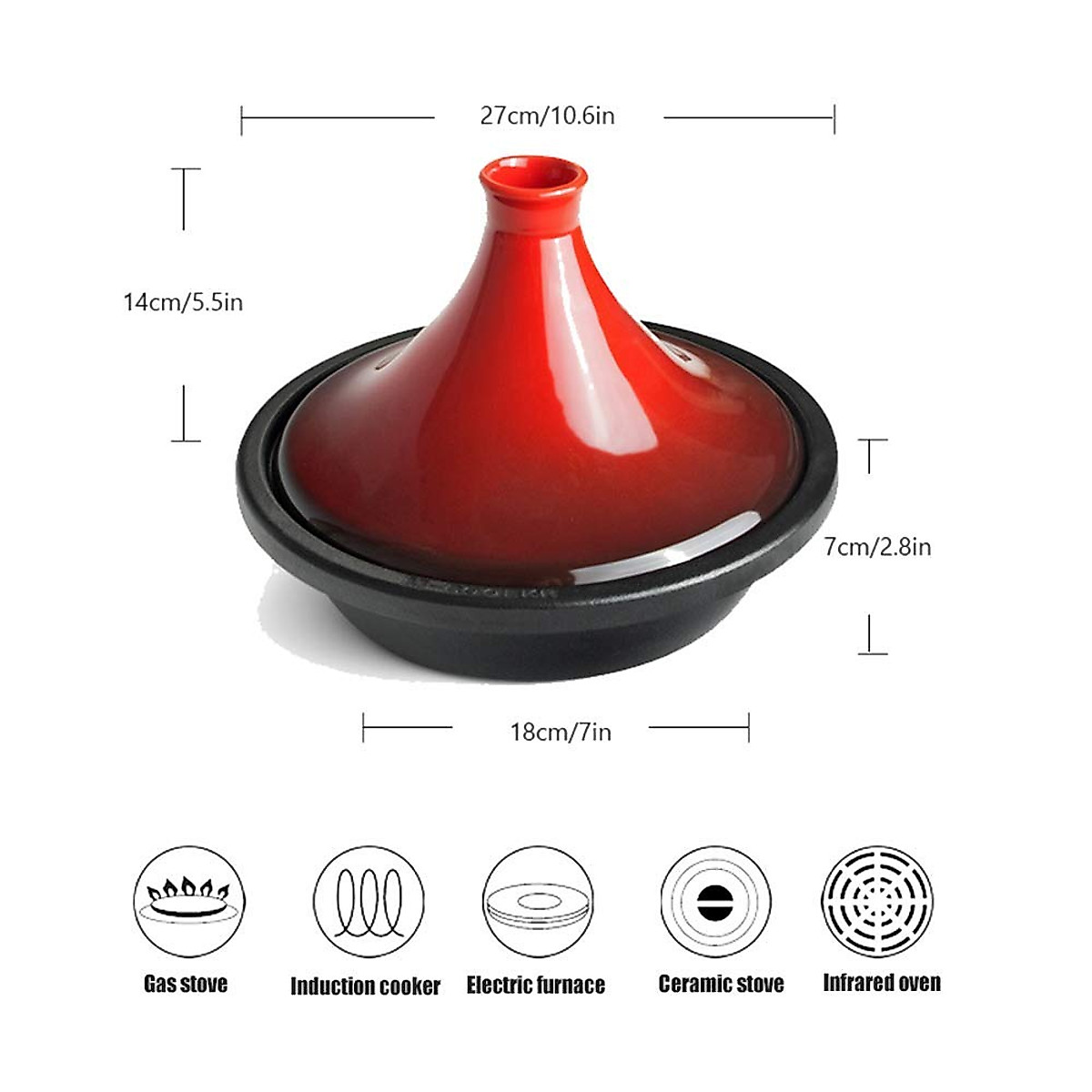 UWEREBFM Casserole Dishes with Lids 10.6"" Cast Iron Tagine Pot, Large Cooking Tagine, Tajine with Enameled Cast Iron Base and Cone-Shaped Lid with Anti-Hot Silicone Gloves Cassero, Red