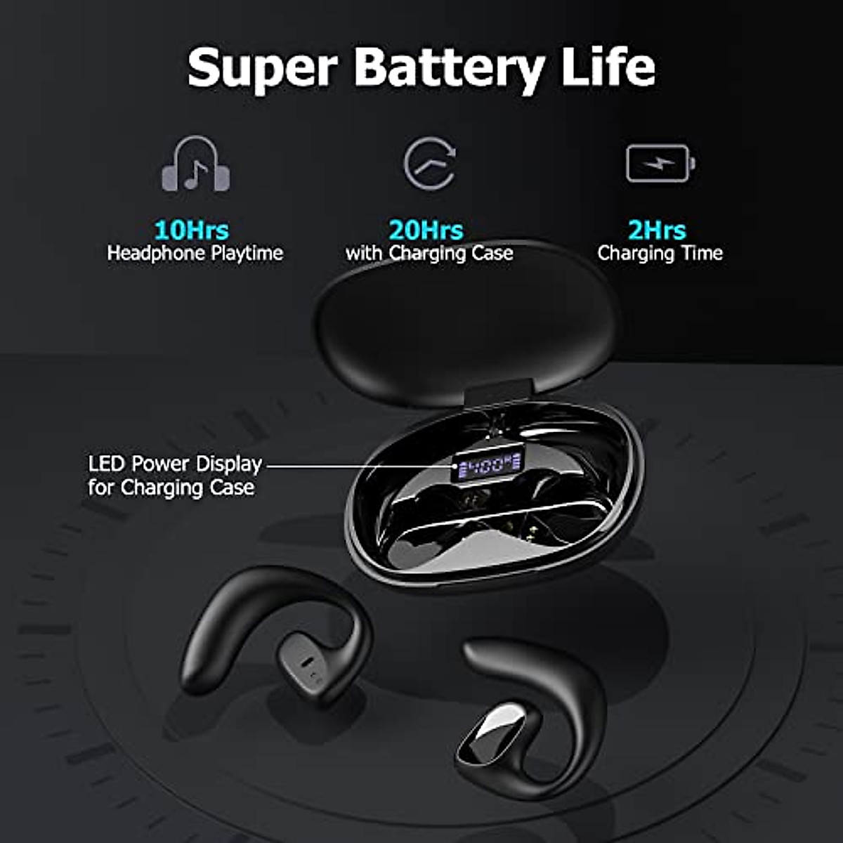 Open Ear Headphones,True Wireless Bluetooth Earbuds with Earhooks,30Hrs Playtime with Charging Case and LED Power Display,Sport Workout Earbuds Built in Mic Waterproof Bass Sound Headset