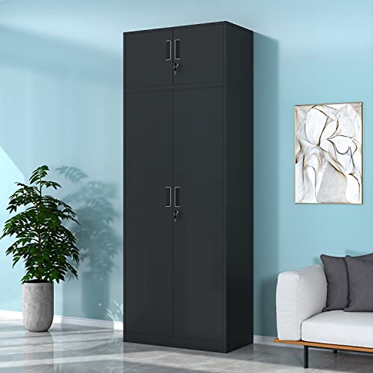 JINKUR Metal Storage Cabinet with Locking Doors and 4 Adjustable Shelves, 86.6-Inch Extra Tall Lockable Steel Storage Cabinets for Home Office Garage Kitchen Pantry (Black)