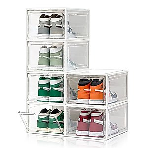 Upgraded X-Large 6 Pack Clear Shoe Storage Organizer,Stackable Shoe Rack for Closet,Plastic Shoe Boxes with Magnetic Door,Shoe Containers For Sneaker Display,Fit up to US Size13