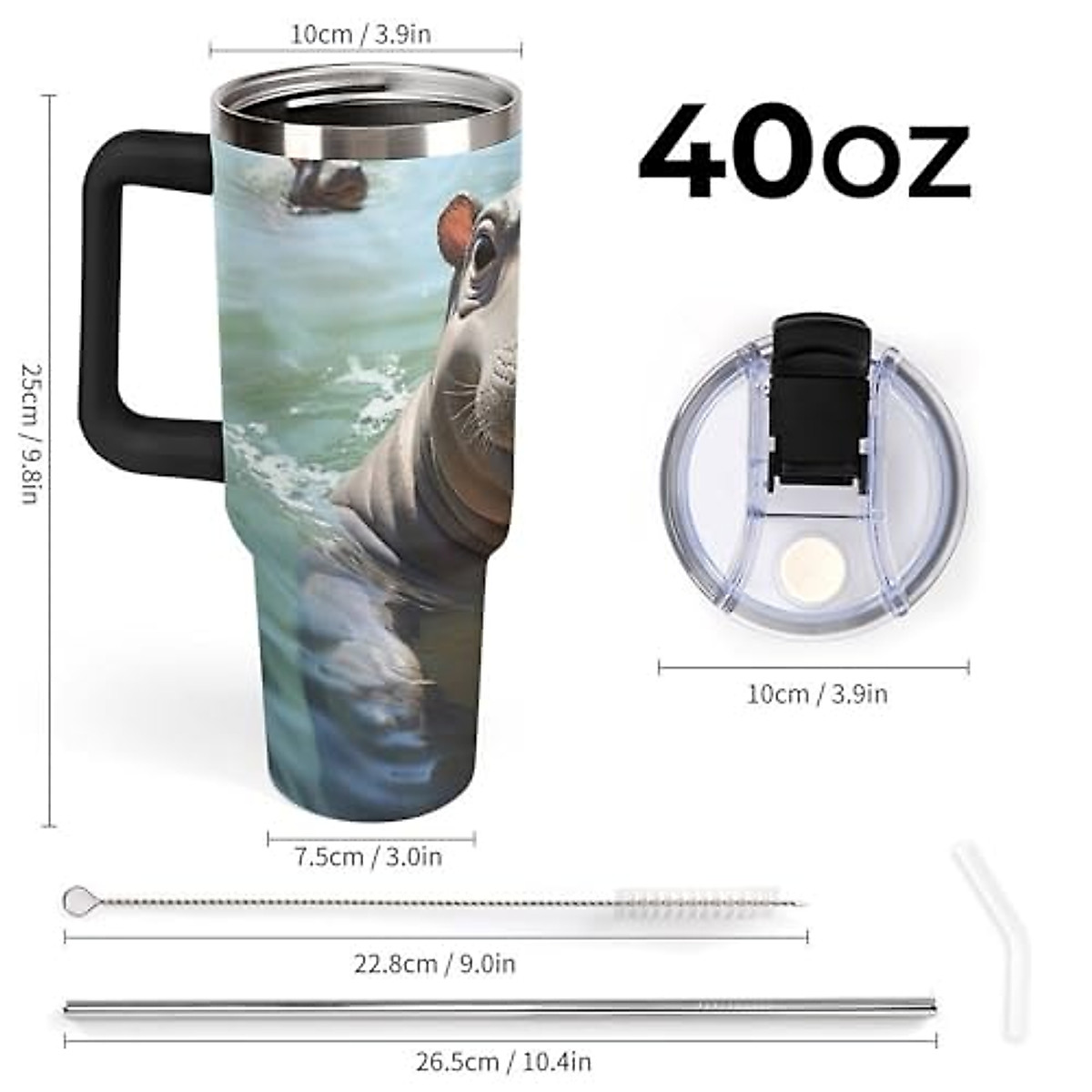 YTLKGFP 40 Oz Large Capacity Car Cup Cute Hippos Tumbler with Handle (Black) Straw Lid Insulated Stainless Steel Water Bottle Travel Mug Leak-proof Car Cup Keeps Cold Or Hot
