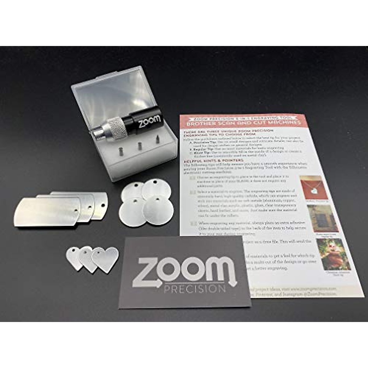 Brother ScanNCut 3-in-1 Etching/Engraving Tool - Precision, Regular, and Blunt Engraving Tips with Heart, Dog Tag, and Circle Stamping Blanks for Brother Scan and Cut Machines- by Zoom Precision