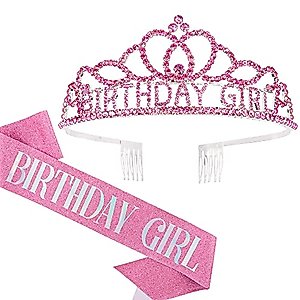 AOPRIE Birthday Crown for Women Birthday Girl Sash for Women Birthday Tiara for Women Birthday Girl Headband Princess Crown Rhinestone Happy Birthday Accessories Pink