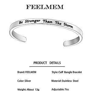 FEELMEM Encouragement Recovery Gifts Be Stronger Than the Storm Cuff Bangle Bracelet Cancer Survivor Awareness Gift Motivational Jewelry (Be Stronger-cuff)