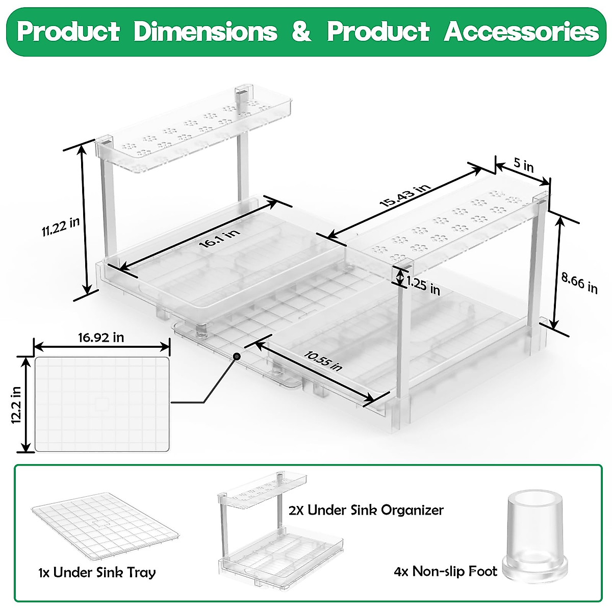 HzTinT 2 Pack Under Sink Organizer with Under Sink Tray, 2 Tier Sliding Bathroom Organizer Under Sink, L-Shape Under Cabinet Basket Organizer, Multi-purpose Pull Out Under Sink Drawers(Clear White)