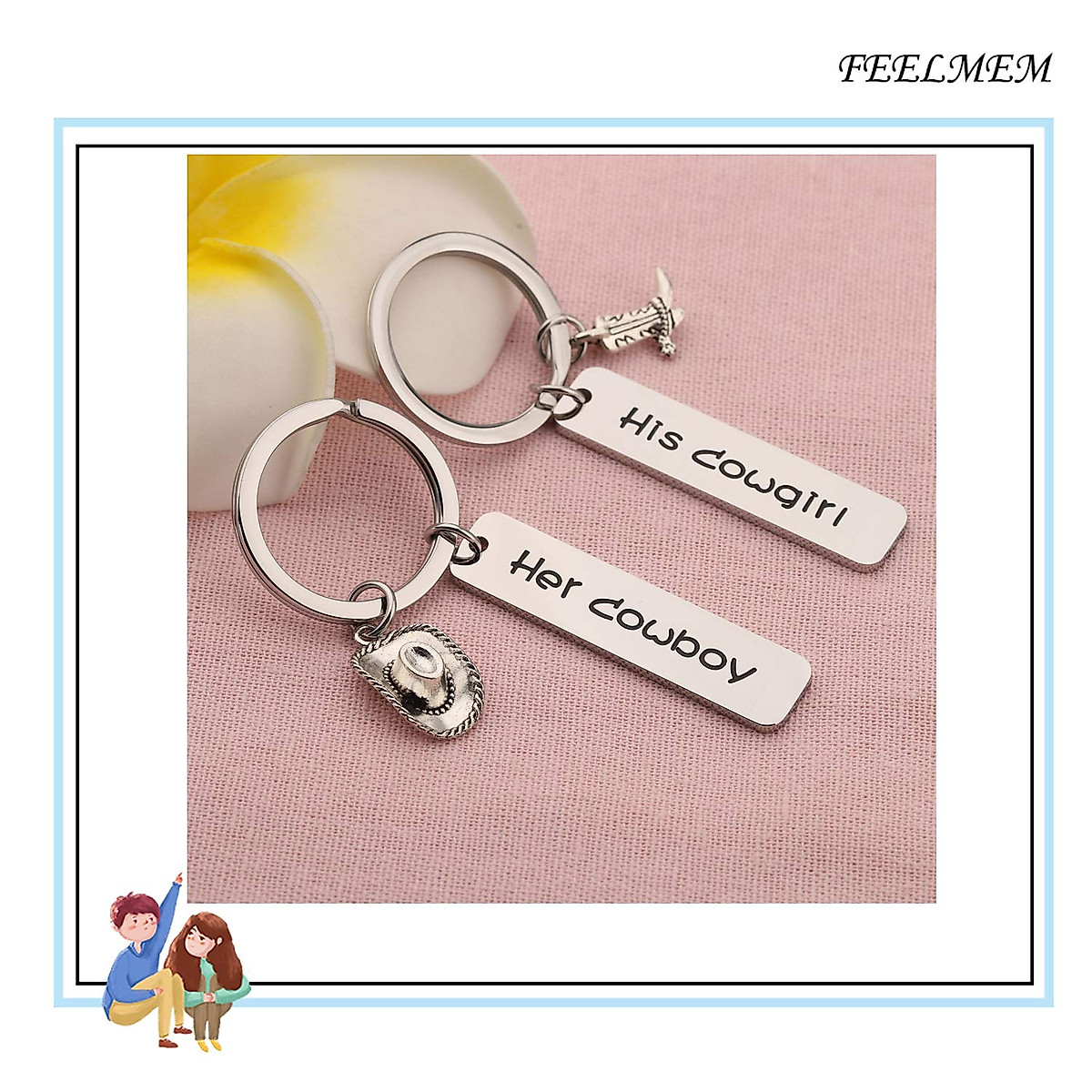 FEELMEM Western Texas Cowgirl Cowboy Hat Boot Keychain Set Her Cowboy His Cowgirl Couple Keychains Matching Set Valentines Day Boyfriend Gift Girlfriend Gift (Silver)