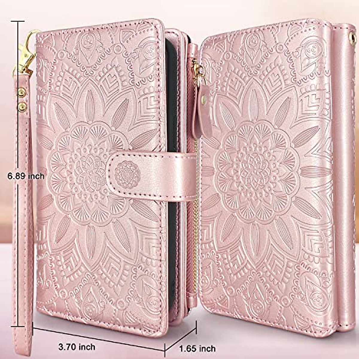 Harryshell Compatible with iPhone 14 Pro 6.1 inch 5G 2022 Wallet Case Detachable Magnetic Cover Zipper Cash Pocket Multi Card Slots Holder Wrist Strap Lanyard (Floral Rose Gold)