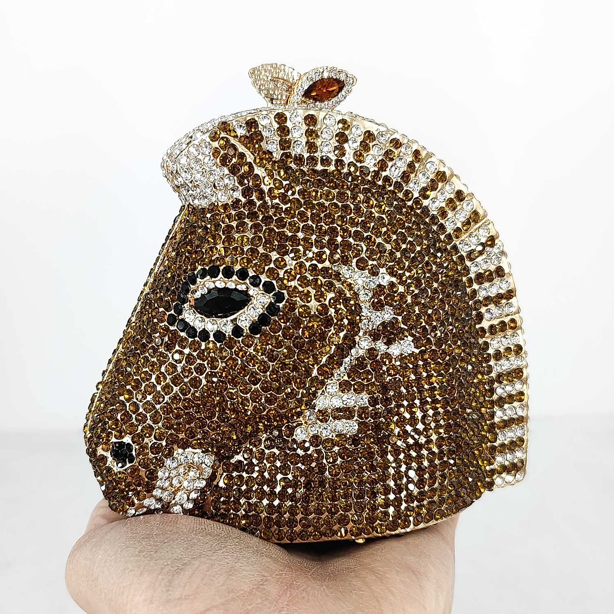 Sparkling 3D Horse Head Shape Women Crystal Clutch Bag Evening Wedding Handbags (Brown)