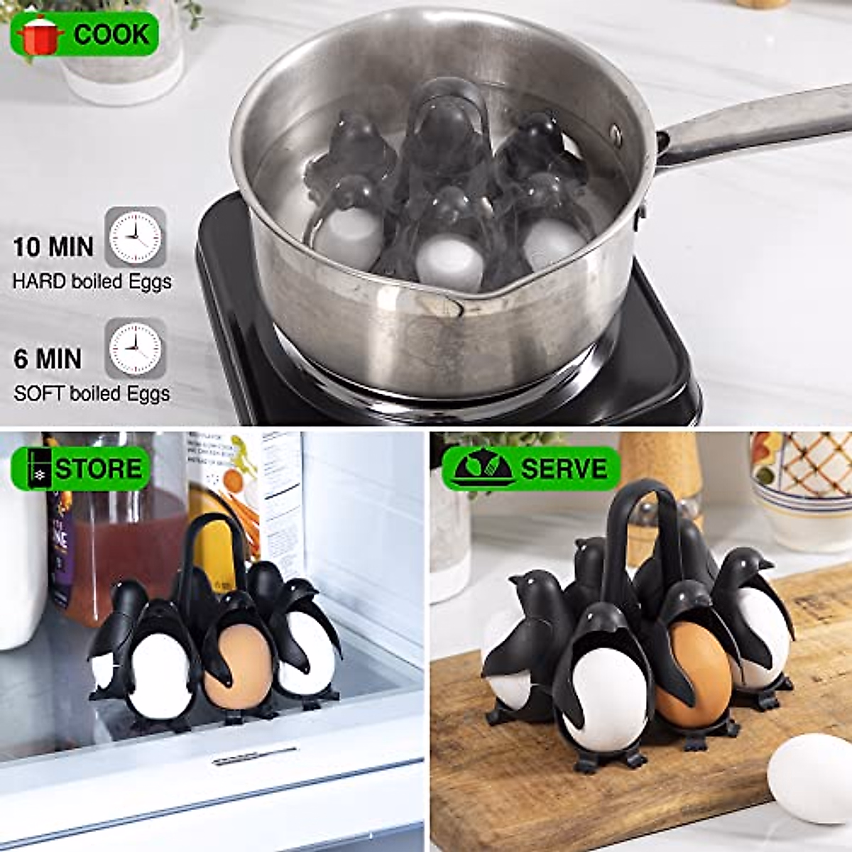 Egg Holder Hard Boiled Egg Cooker - Penguin Shaped Boiled Eggs Cooker - 3-In-1 Cook, Store And Serve Egg Holder Kitchen Gadget Home Decor - Egg Rack for 6 Soft or Hard Boiled Egg - Black