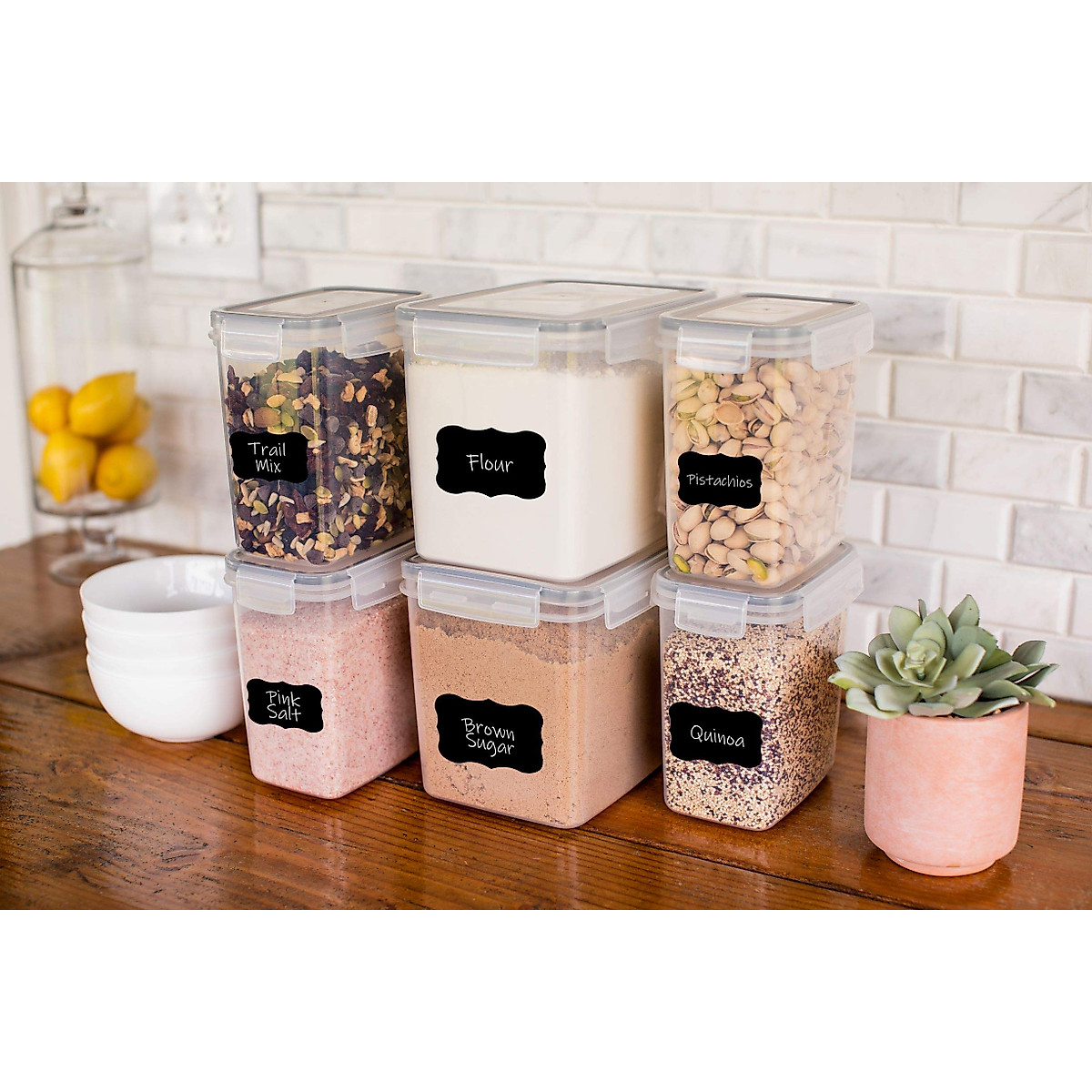 Simple Gourmet Airtight Food Storage Containers - Set of 6 Flour and Sugar Canisters for Pantry Storage and Organization - Marker & Labels Included