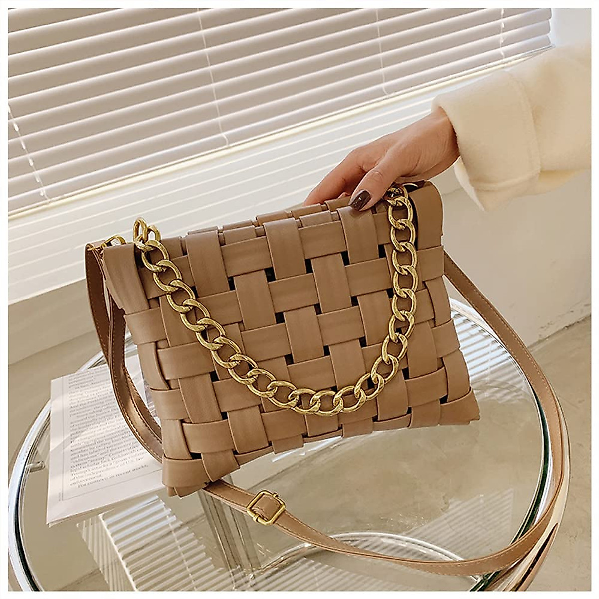 YP Women Crossbody Bag Woven Pu Leather Purses Shoulder Handbags (B-Brown)