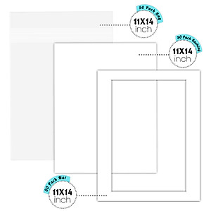 50 set of 11x14 White Photo Mats for 8x12 + backing + bags