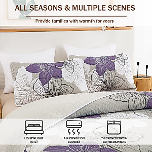 DJY 3 Pieces Quilt Set King Purple Lily Pattern Quilt Coverlet Set Boho Floral Bedspread with 2 Pillow Shams Lightweight Microfiber Elegant Bedding Quilt Set All Season (Purple, 104"x90")