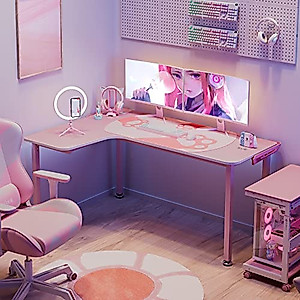 DESIGNA Pink Gaming Desk, 60 inch Pink L Shaped Gaming Desk, with Full Covered Cute Pink Desk mat for Girl Gaming Desk Pink, Easy to Assemble, Left Side
