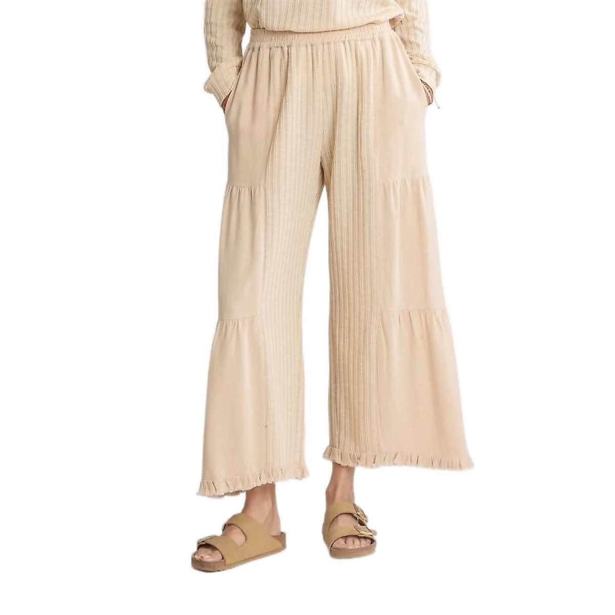 Umgee Linen Blend Tiered Culotte Pants with Elastic Waistband Frayed Hem and Pockets Cream