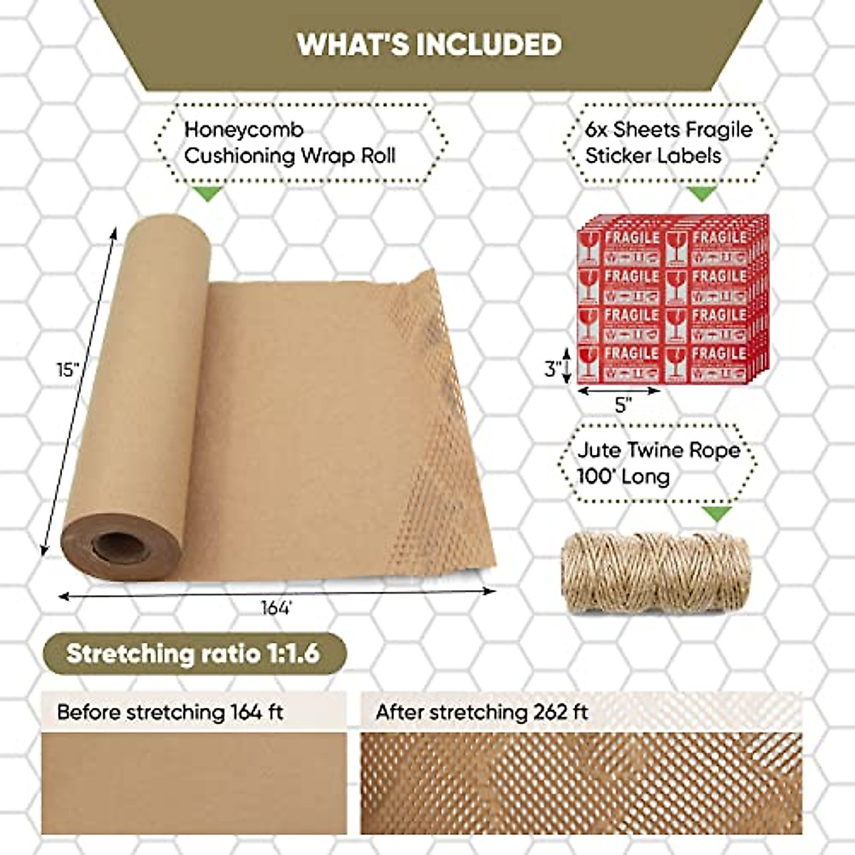 ecoducer 15”x164’ Honeycomb Packing Paper Moving Supplies with 48 Fragile Stickers &100 ft Jute Twine. Eco Friendly Bubble Cushioning Wrap Packing Material. Biodegradable Shipping Supplies.