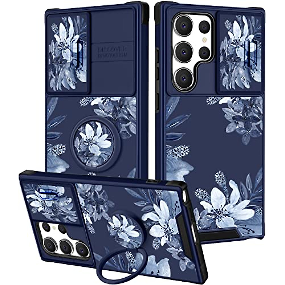 Goocrux (2in1 for Samsung Galaxy S23 Ultra Case Floral for Women Girls Flowers Girly Phone Cover Cute Flower Design with Slide Camera Cover+Ring Holder Blue Plants Cases for S23 Ultra 5G 2023 6.8''