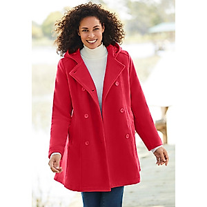 Woman Within Women's Plus Size Double-Breasted Hooded Fleece Peacoat - 22 W, Black