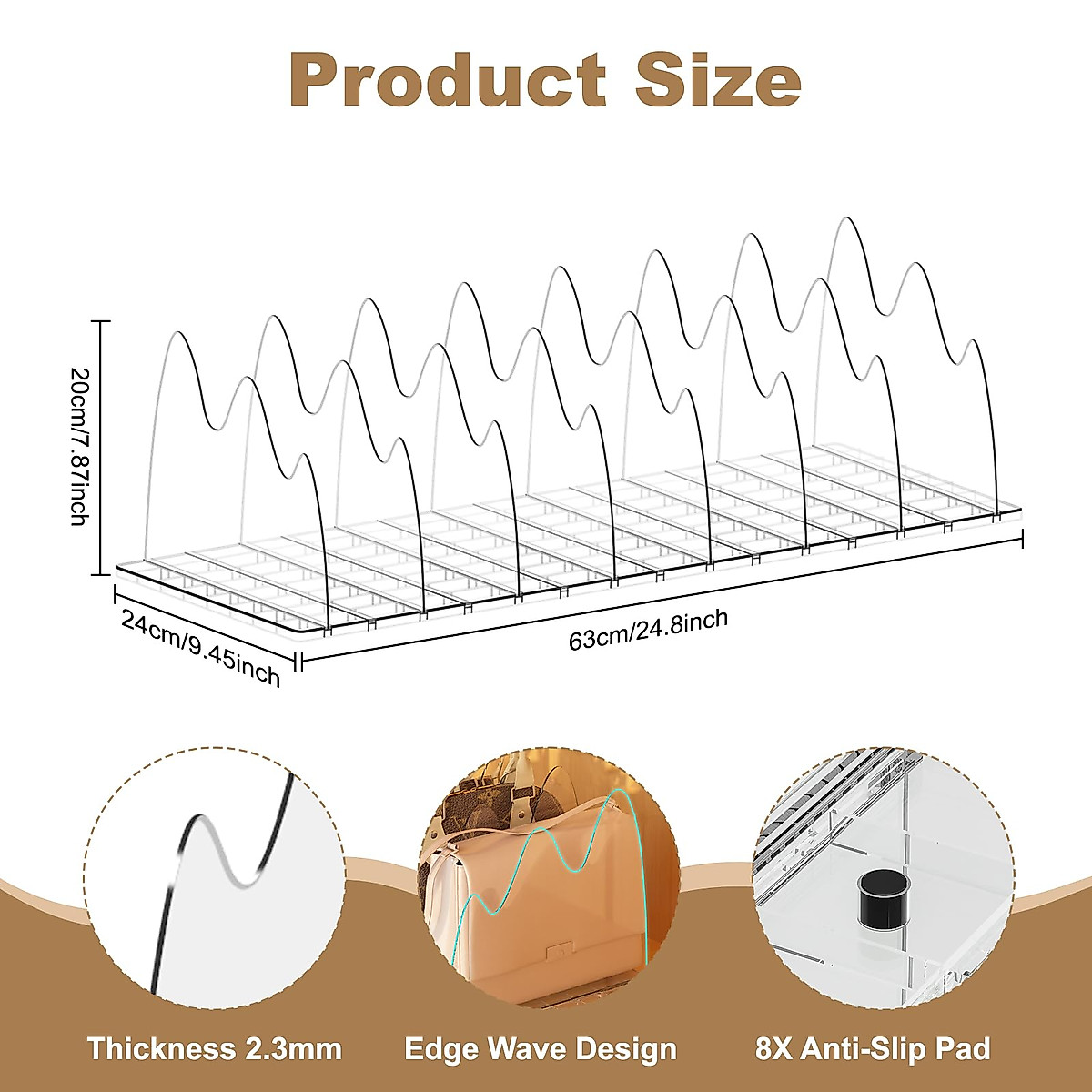 Purse Organizer for Closet, 8pcs Adjustable Clear Handbag Storage Organizer, Shelf Dividers for Closet Organization, Small Bookshelf Separator Bag Dividers for Bedroom, House, Office, Cabinet