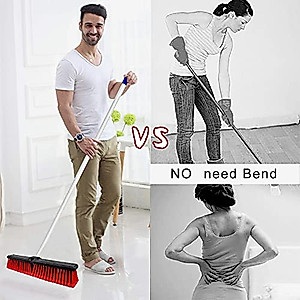 Push Broom, 18'' Heavy Duty Outdoor Broom with Adjustable Long Handle, Garage Broom for Cleaning Bathroom Kitchen Living Room Deck Patio Garage Driveway