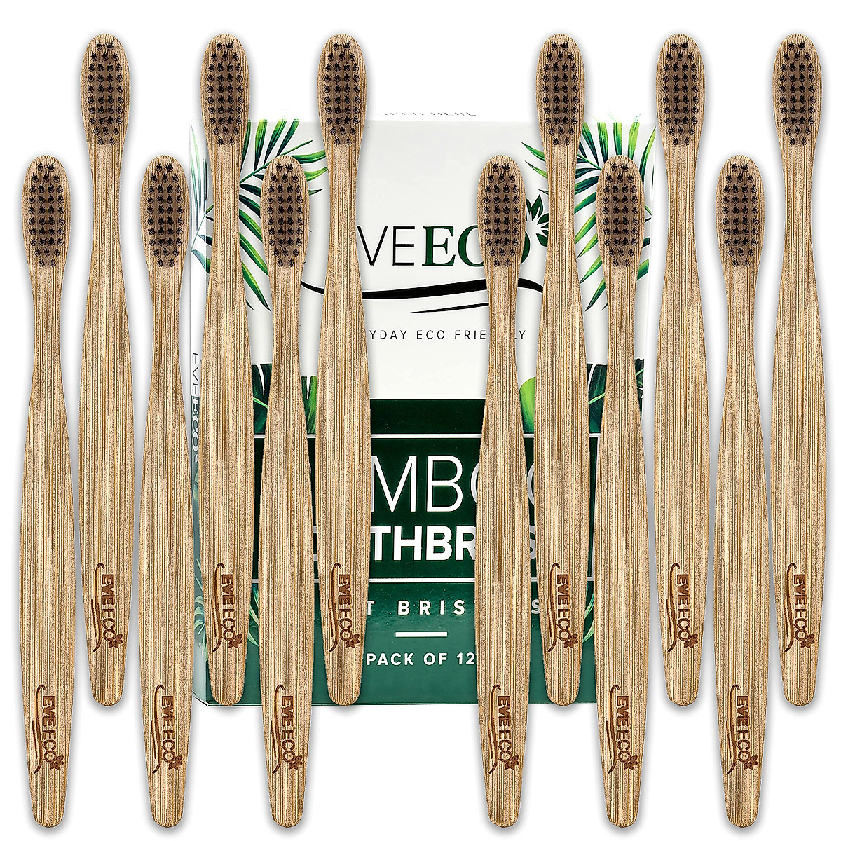 EveEco 12 Count I Bamboo Toothbrush I Soft Bristles Best for Sensitive Gums I Charcoal I Vegan I Natural Wood I BPA Fee I Recyclable I Compostable I Biodegradable | Environmentally Friendly