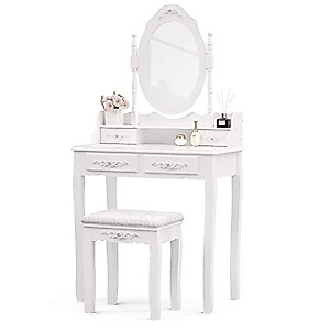 Girls Makeup Vanity Set with Mirror & Stool, Rose Carving Makeup Table, 4 Drawer White Dressing Desk for Bedroom