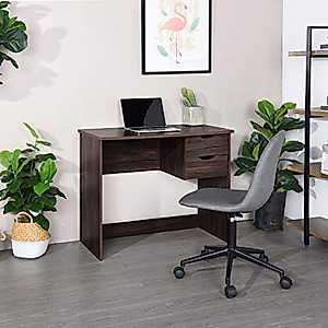 Computer Desk, 35.4'' Writing Gaming Desk Modern Simple Style PC Table with 2 Drawers & Solid Construction, Rustic Industrial Workstation Easy to Assemble & Care Home Office Furniture, Walnut