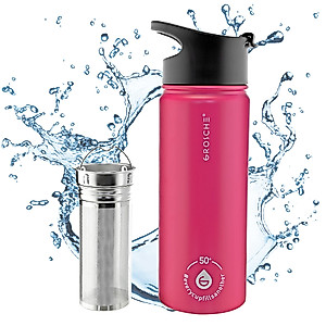 GROSCHE Chicago Stainless Steel Tea Infuser Flask | Beverage Bottle | Hot & Cold Drinks | Loose Leaf Tea Infuser | Travel Convenience Water Bottle | 16 fl oz, Pink