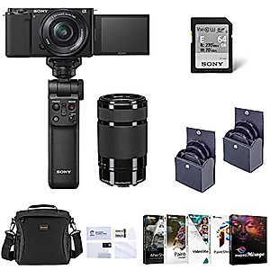 Sony ZV-E10 Mirrorless Camera with 16-50mm & E 55-210mm f/4.5-6.3 OSS E-Mount Lens, Black Bundle with Vlogger Kit, Photo & Video Editing, Bag, Screen Protector, 2X Filter Kit