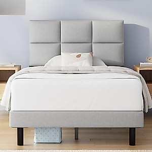 Molblly Twin Bed Frame with Upholstered Headboard, Strong Frame and Wooden Slats Support, Non-Slip and Noise-Free, No Box Spring Needed, Easy Assembly, Light Grey