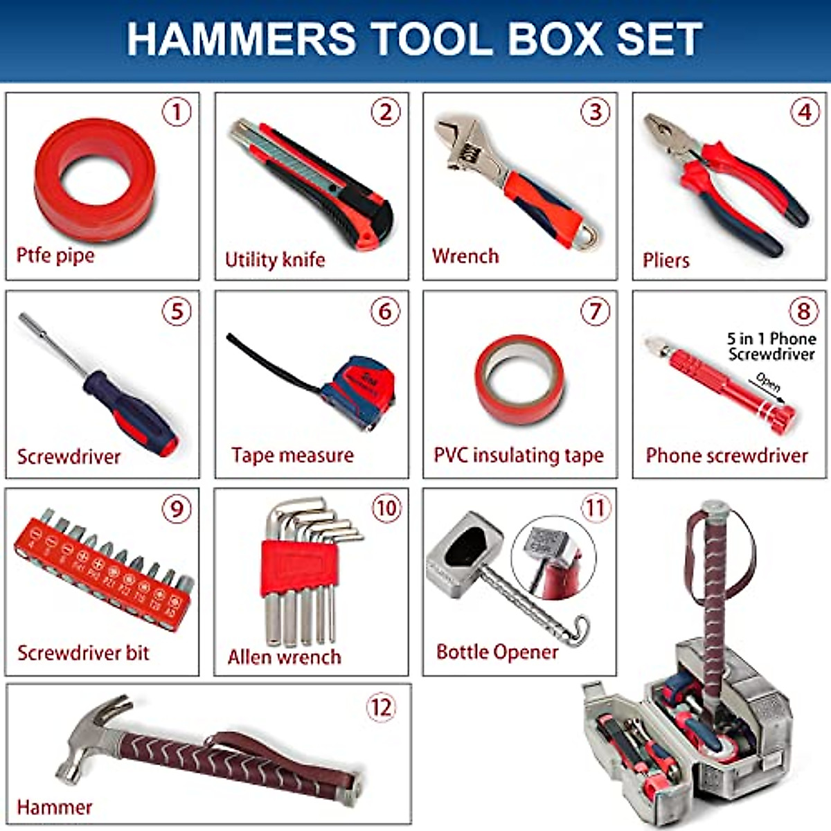 Massworch Hammer Tool Kit,Home Repair Tool Set Multifunctional Thor's Hammer Tool Box, DIY Hand Tool Novelty Marvel Holiday Gift