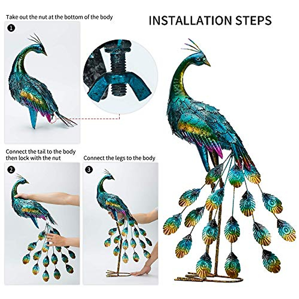 Kircust Metal Peacock Garden Statue and Sculpture, Peacocks Yard Art Lawn Ornament for Outdoor Backyard Porch Patio Decor(1-Piece)