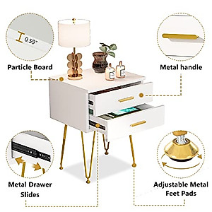 LITTLE TREE 2-Drawer Nightstand Set of 2, White and Gold Bed Side Table with Metal Legs for Bedroom