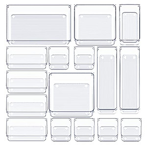 16 PCS Drawer Organizer Set Clear Plastic Drawer Organizer Trays with Non-Slip Silicone Pads, 5-Size Desk Drawer Organizers and Storage Bins for Makeup, Jewelry, Bathroom, Office and Kitchen