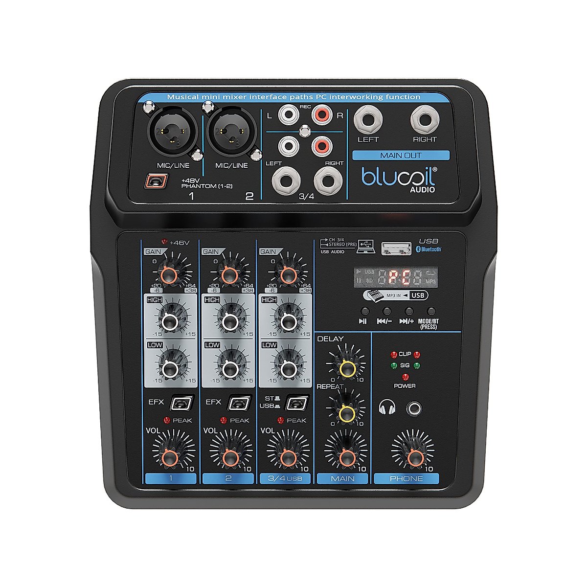 Blucoil 4-Channel Audio Mixer with 48V Phantom Power, 2-Band EQ, Delay and Repeat Effects, Bluetooth, XLR Microphone and MP3 USB Inputs for Home Studio Recording on Windows and Mac