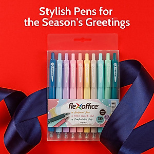 FLEXOFFICE Retractable Ballpoint Pens Black Ink 1.0mm, Bold Point with Super Soft Grip, Christmas Multicolor Pens Gifts - 10 Pack