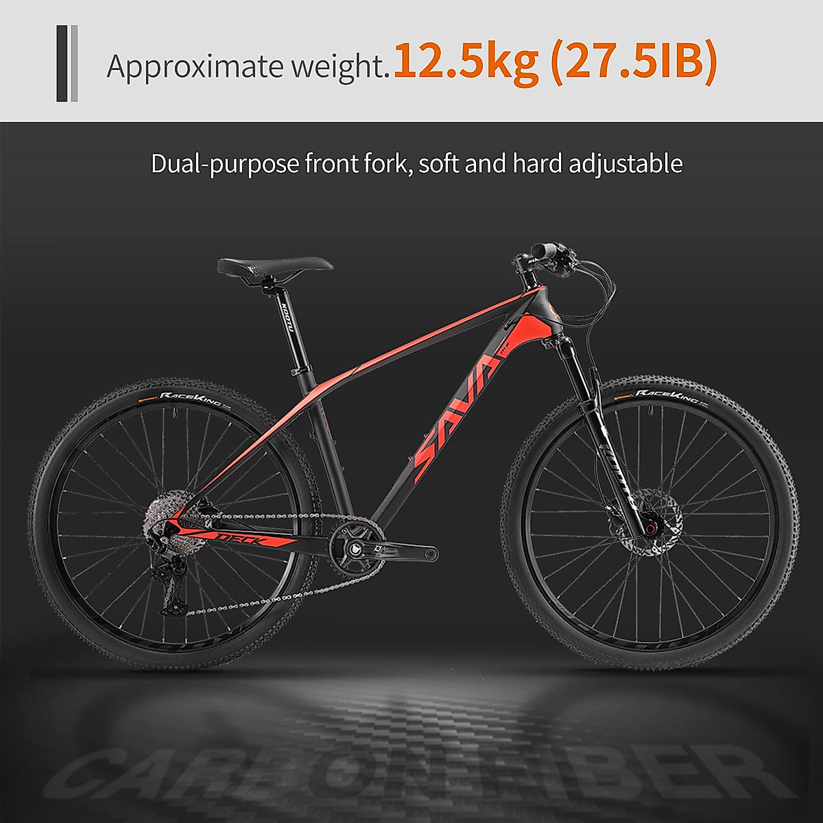 SAVADECK Carbon Fiber Mountain Bike, DECK6.1 MTB 27.5" Complete Hard Tail Mountain Bicycle 12 Speeds with DEORE M6100 Group Set (Black Red, 29x17'')