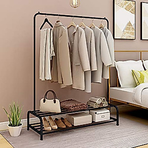 JURMERRY Clothes Rack Metal Garment Racks Pipe Hanging Heavy Duty with Top Rod and Lower Storage Shelf 2-Tier Shelves,(Black)