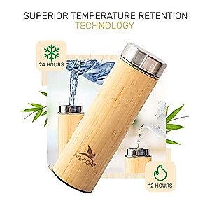 Bamboo Tumbler with Tea Infuser Bottle Loose Leaf Strainer – Advanced Double Insulated Stainless Steel Travel Thermos - Best Gift for Tea Lovers - Leak-Proof Hot Coffee Mug, Fruit Water Bottle (17 oz)