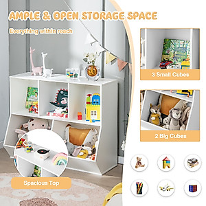 COOURIGHT Toy Storage with Bookshelf, Bookcase Footboard, 5 Cubby Open Wooden Toy Organizer, Toy Shelf, Toy Storage Cabinet for Playroom, Bedroom, Nursery, Living Room, Hallway, Kindergarten, School