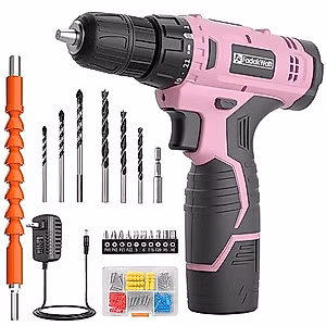 FADAKWALT Cordless Drill Set,12V Power Drill Set with Battery and Charger, compact Driver/Drill Bits, 3/8'' Keyless Chuck,21+1 Torque Setting, 180 inch-lbs, with LED Electric Drill Set（pale Pink）