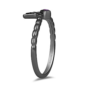 Jewelili Enchanted Disney Fine Jewelry Black Rhodium Over Sterling Silver 2MM Round Amethyst and Heat Treated Black Diamond Accent Maleficent Villain Ring Size 7