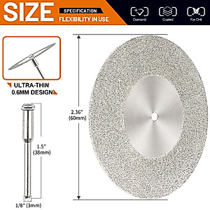 5Pcs 60mm Diamond Cutting Disc Cut Off Wheels with 5Pcs Mandrel 1/8'' Shank Stone Blade for Rotary Tool Drill Attachment Cutting Discs Polishing Glass Tiles Marble Plastic Jade (2.4in)