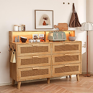 Dresser for Bedroom, 6 Drawer Boho Dresser with LED Light, Rattan Chest of Dressers, Modern Wood Dresser Chest, BesideTable for closet,Storage Organizer Cabinet for Hallway Entryway LivingRoom Natural