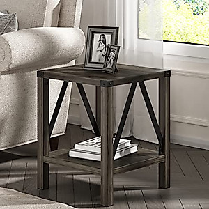 Treocho Farmhouse End Side Table, Rustic Vintage Nightstand with Shelf for Living Room, Bedroom, Grey Wash