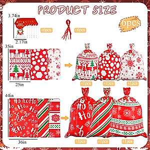 Large Christmas Gift Bag for Christmas Presents- 6Pcs Jumbo Plastic Christmas Red and White Gift Bags with Gift Tags and Ribbon for Christmas Big Gift Wrapping Holiday Goody Bag Party Favor Supplies