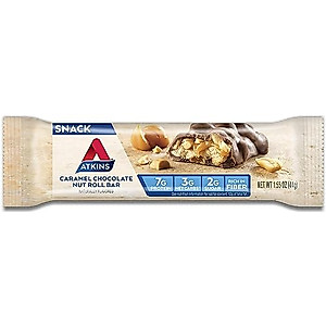 Atkins Caramel Chocolate Nut Roll Snack Bar, Protein Snack, High in Fiber, 2g Sugar, 30 Count