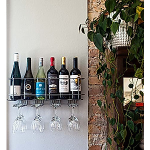 c2M Wall Mounted Wine Bottle & Glass Rack | Floating Wine Storage Shelf for 6 Bottles, 8 Glasses, & Opener | Timeless Compact Steel Design | Heavy Duty & Made in The USA - Silver