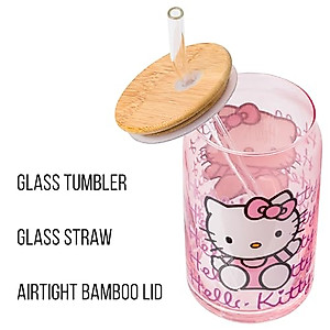 Silver Buffalo Sanrio Hello Kitty Waving Pink Glass Jar Tumbler with Bamboo Lid and Glass Straw, 16 Ounces