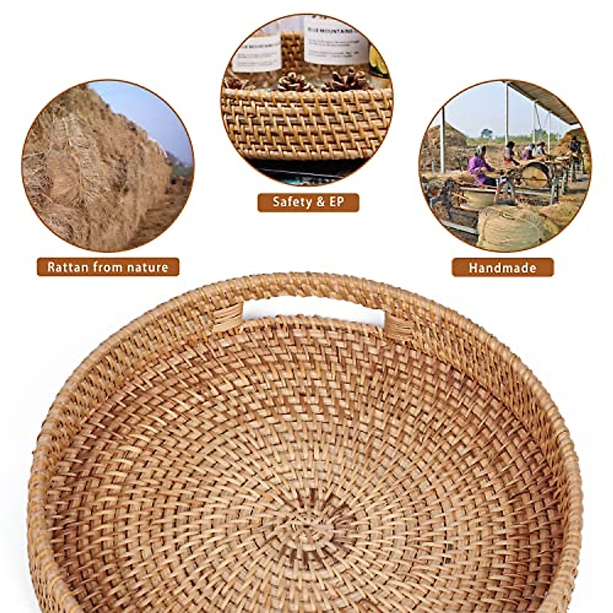 Rattan Round Serving Tray with Handles Large Hand Woven Wicker Basket Tray for Food,Dinner,Breakfast,Coffee Table,Ottoman (Set of 2)